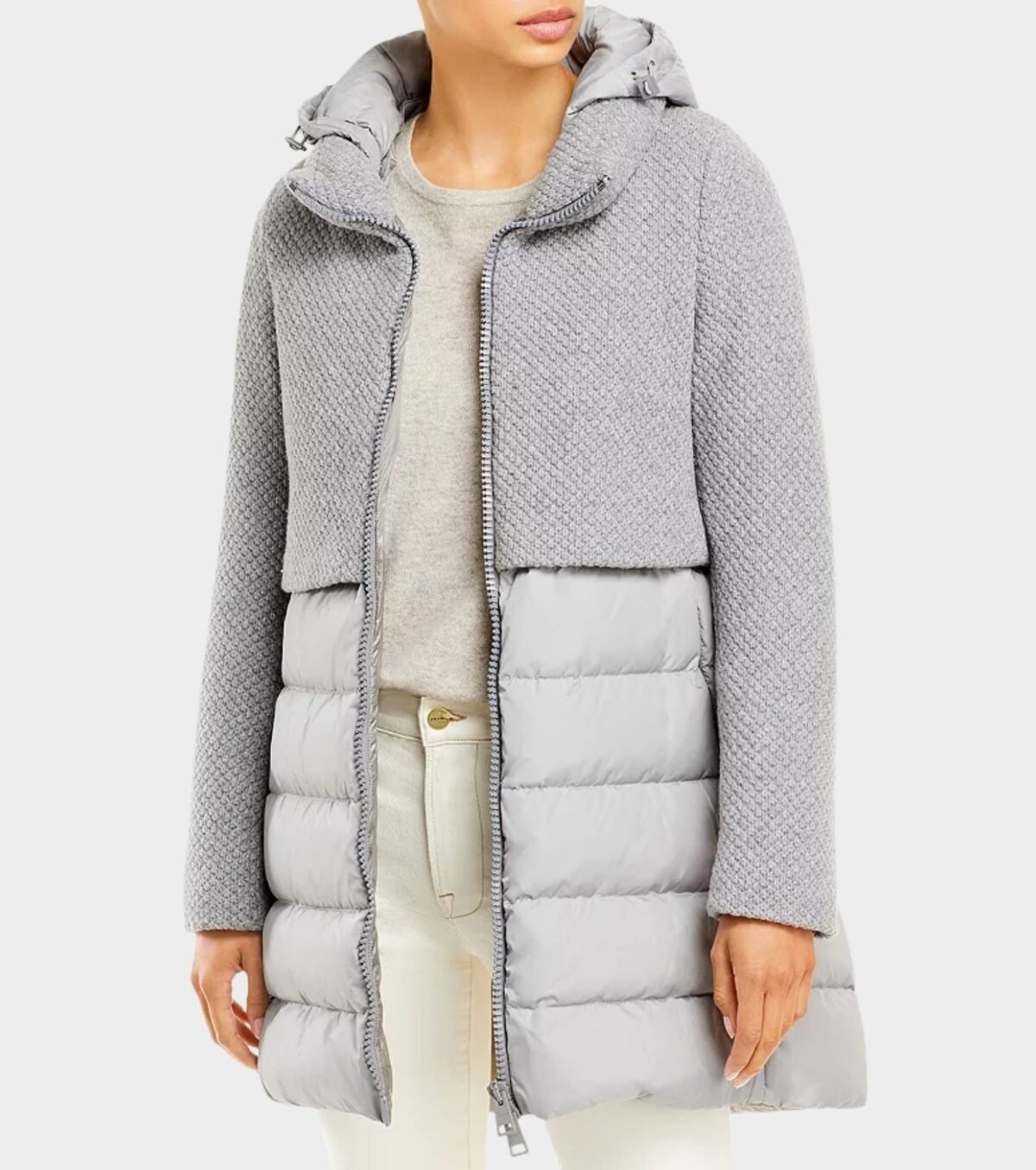 Knit Overlay Puffer Coat | Movie Jackets Hub
